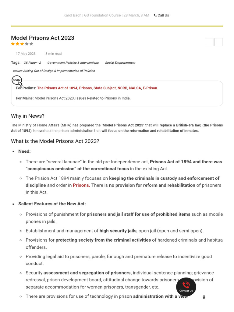 Model Prisons Act 2023 | PDF | Prison | Rehabilitation (Penology)