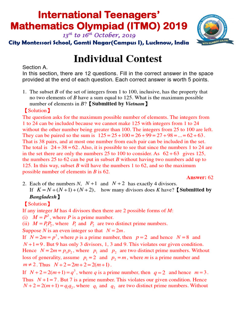 ITMO 2019 - Keystage 3 - Individual - Sol | PDF | Area | Numbers