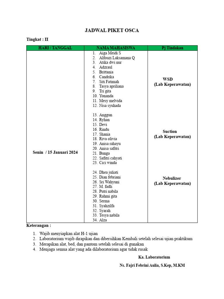 Jadwal Piket Osca | PDF