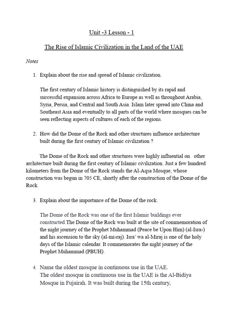 Unit - 3 Lesson 1 The Rise of Islamic Civilization in The Land of The ...