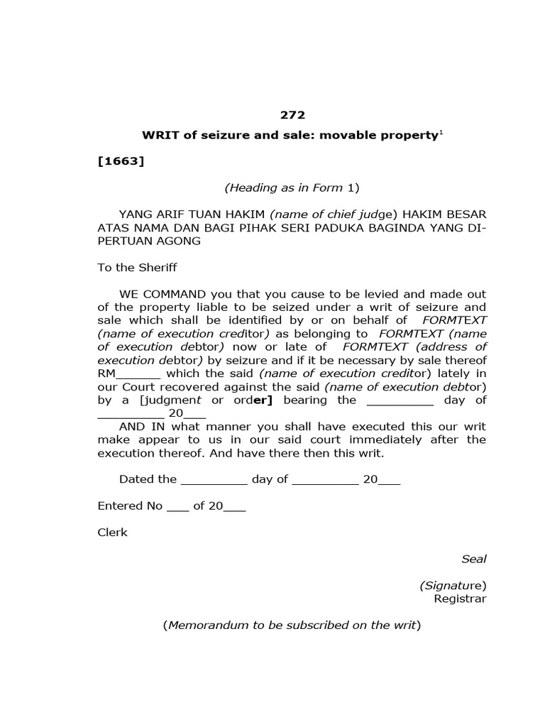 272 WRIT of Seizure and Sale Movable Property | PDF | Judgment (Law ...