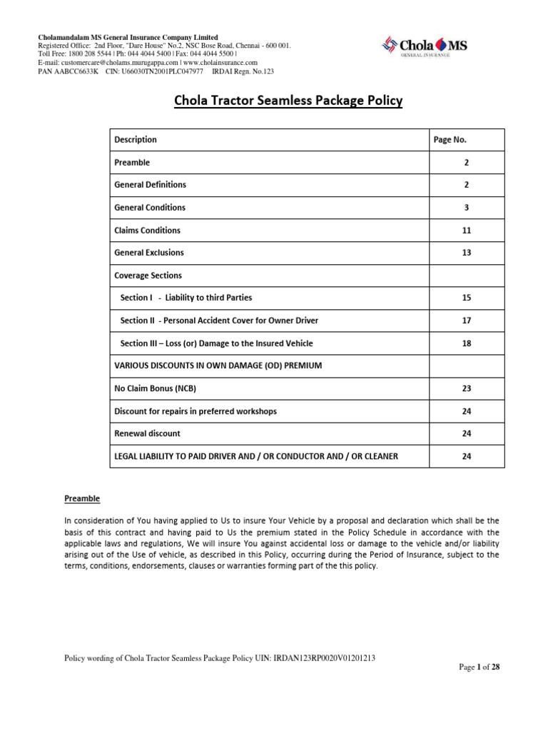 07 Policy Wording-Chola Tractor Seamless Package Policy | PDF ... 07 Policy Wording-Chola Tractor Seamless Package Policy | PDF ...