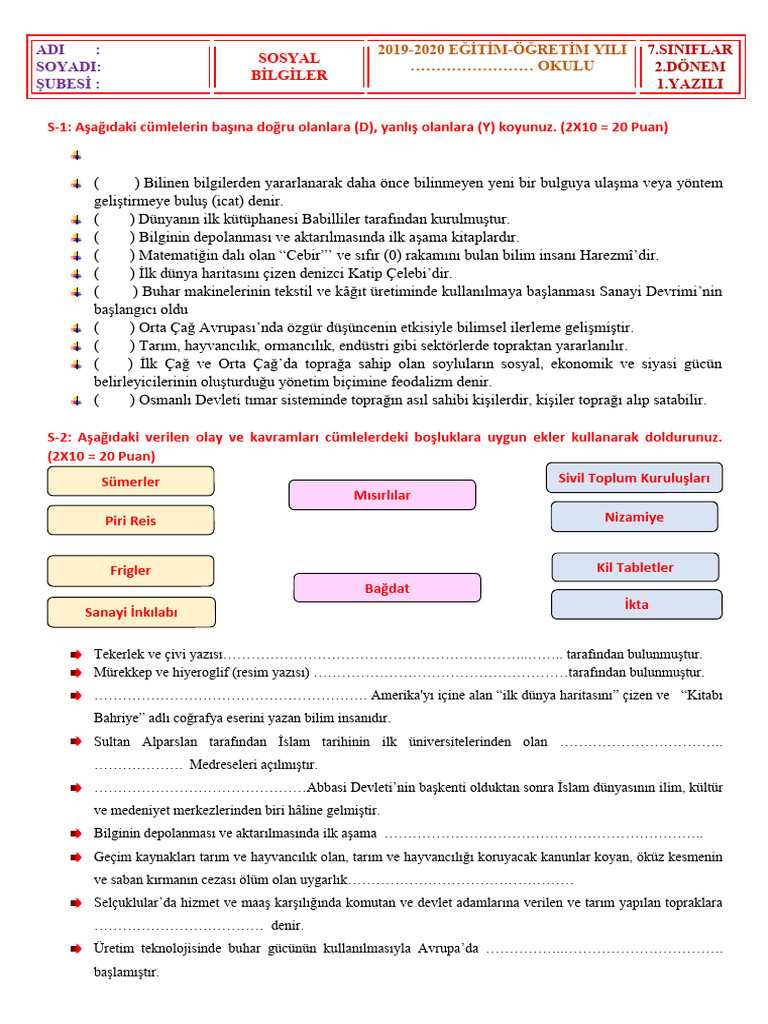 7 Sinif-2 Donem-1 Yazili | PDF