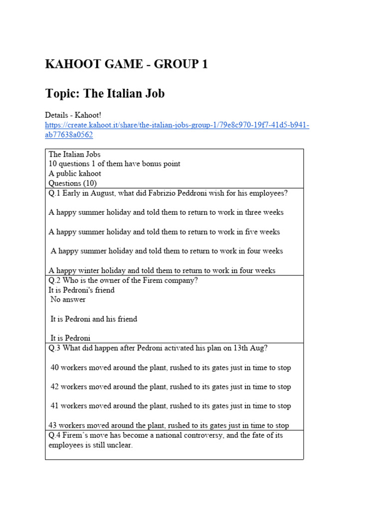 Group 1 - Kahoot Game - The Italian Job | PDF