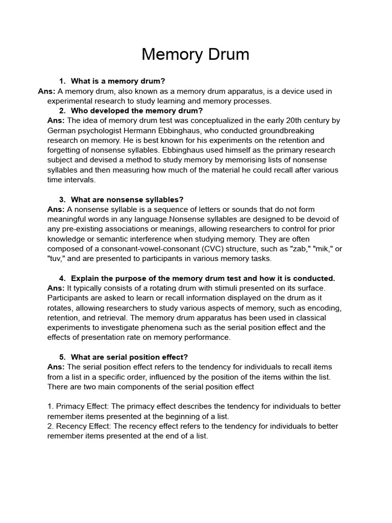 Memory Drum Questionnaire | PDF