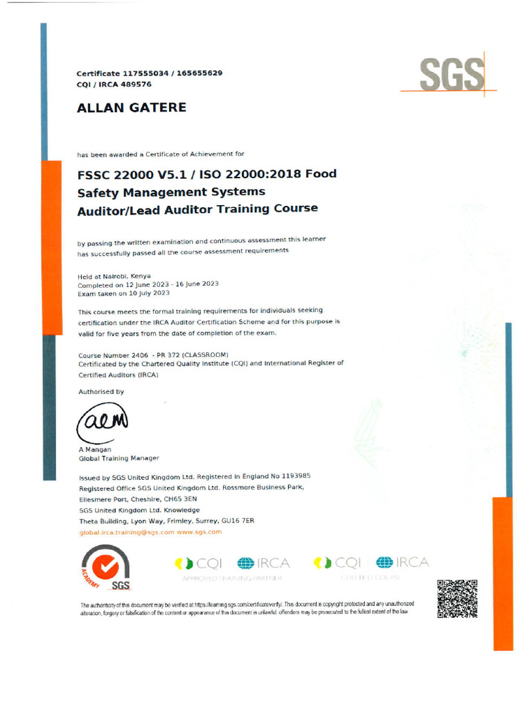 Allan Thuo Gatere Lead Auditor FSSC 22000 V 5.1 Certificate PDF | PDF