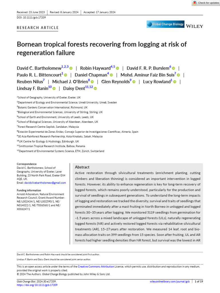 Global Change Biology - 2024 - Bartholomew - Bornean Tropical Forests ...