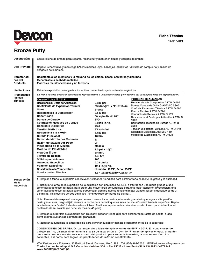 Devcon 10260 Bronze Putty BR FT | PDF | Agua | Epoxy