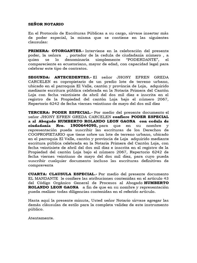 Ejemplar minuta poder especial | PDF