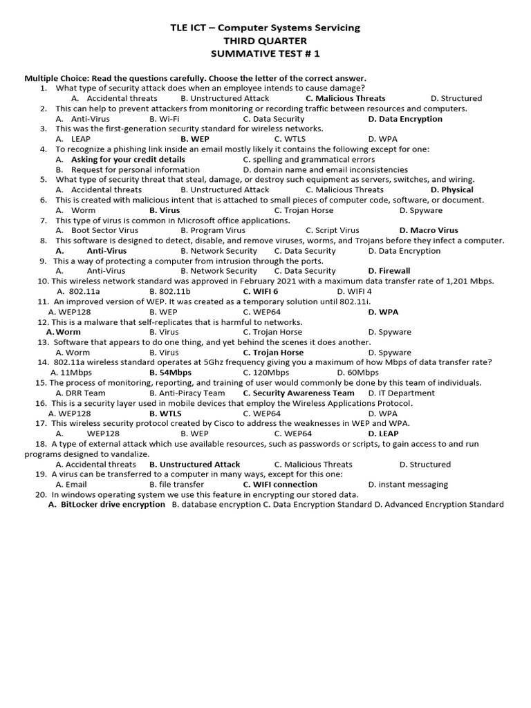 TLE ICT - Computer Systems Servicing Third Quarter Summative Test # 1 ...