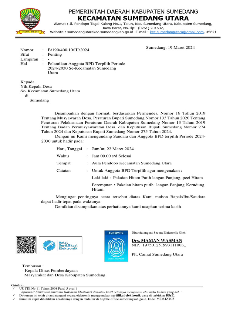 Surat - Undangan Pelantikan BPD Terpilih 2024-2030 | PDF