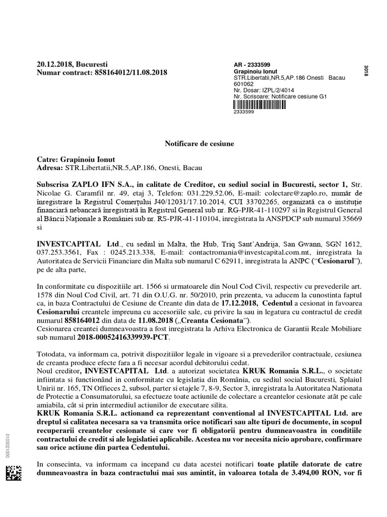 Notificare Cesiune | PDF
