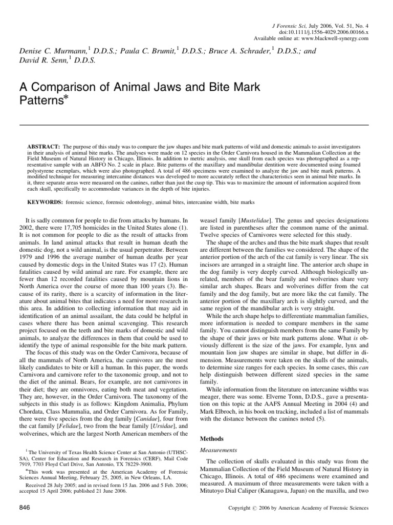 2016 - A Comparison of Animal Jaws and Bite Mark Patterns | PDF ...