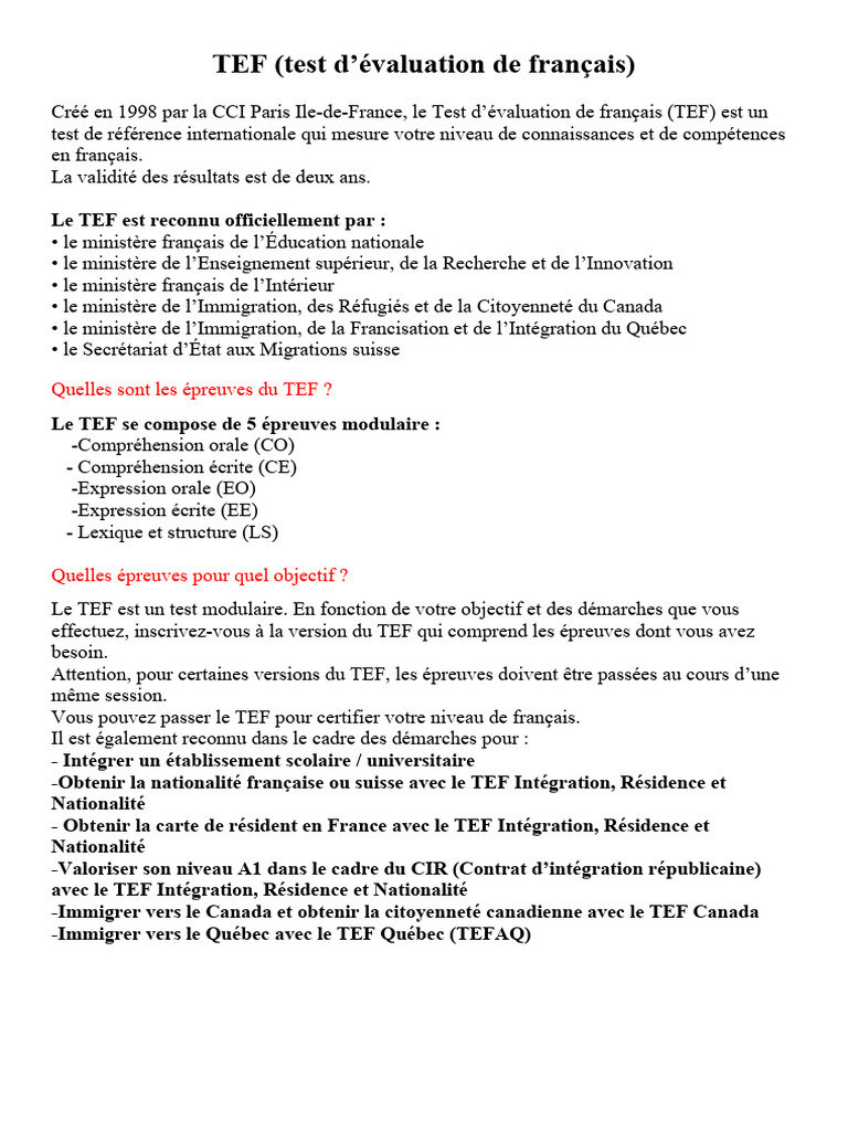 Comprendre le TEF : Épreuves et Reconnaissance | PDF