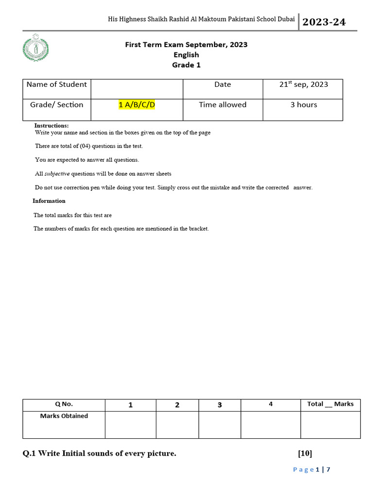 SOD Grade 1 First Term English (Revised) | PDF