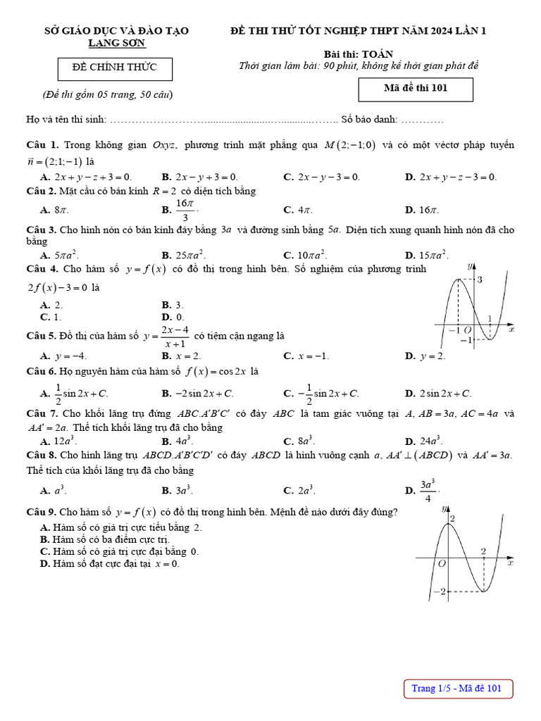 De Thi Thu Tot Nghiep THPT Nam 2024 Lan 1 Mon Toan So GDDT Lang Son | PDF