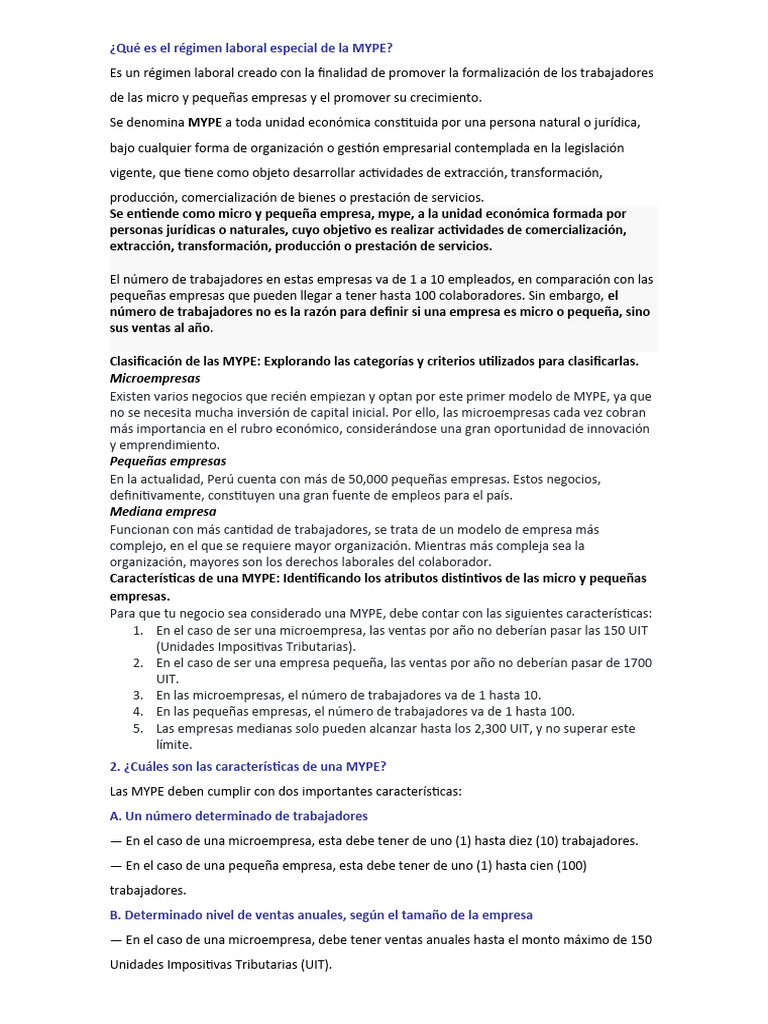 Régimen Laboral MYPE en Perú | PDF | Pequeñas y medianas empresas ...