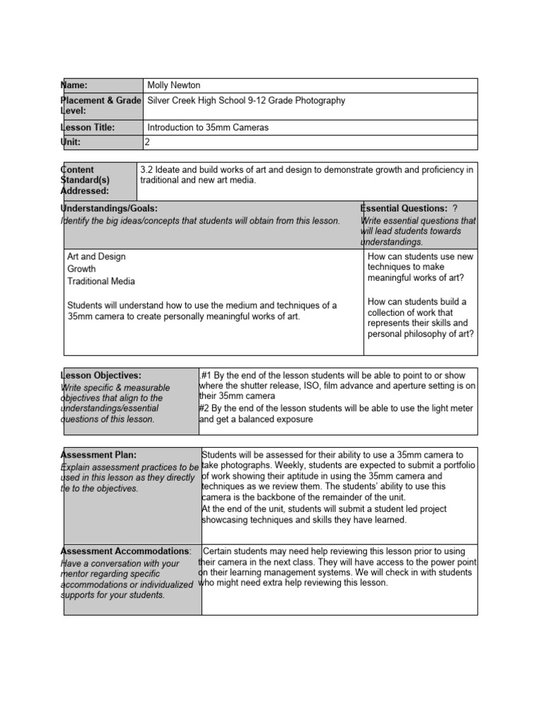 Lesson Plan 1 Due 9 21 Lesson On 9 26 | PDF | Camera | Classroom Management