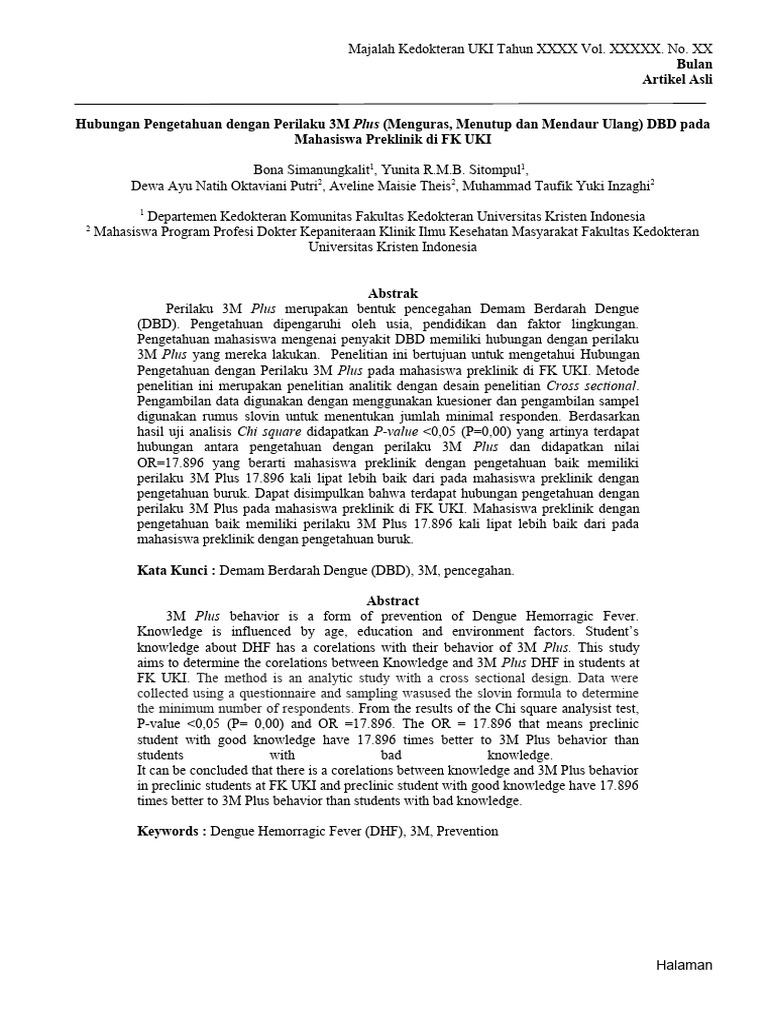 9 Juli - Manuscript - Hubungan Pengetahuan Dengan Perilaku 3M Plus DBD Pada Mahasiswa Preklinik ...