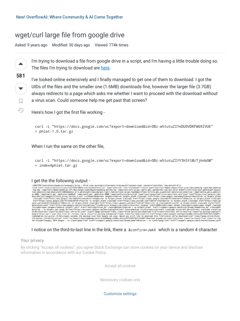 Wget_curl Large File From Google Drive - Stack Overflow | PDF | Http Cookie | Computer File