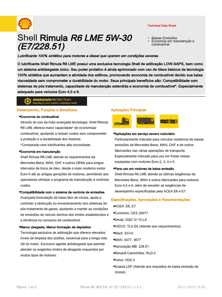Lubrificante Shell Rimula R6 LME 5W-30 | PDF | Motores | Economia