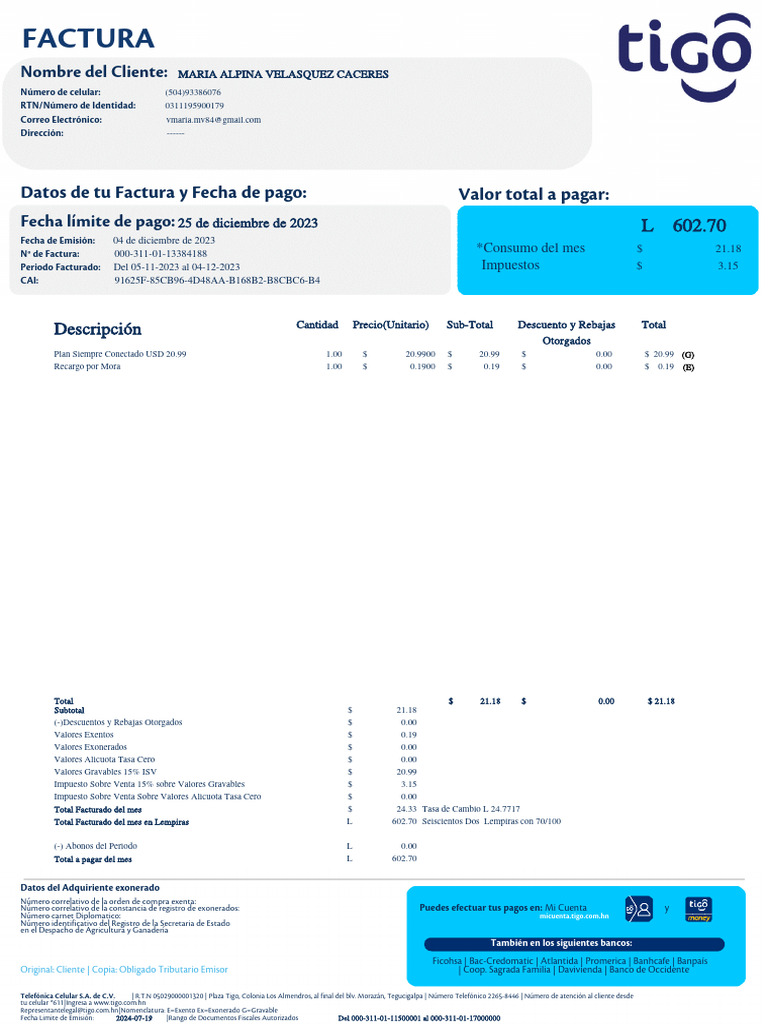 Factura Mensual de Tigo | PDF | Factura