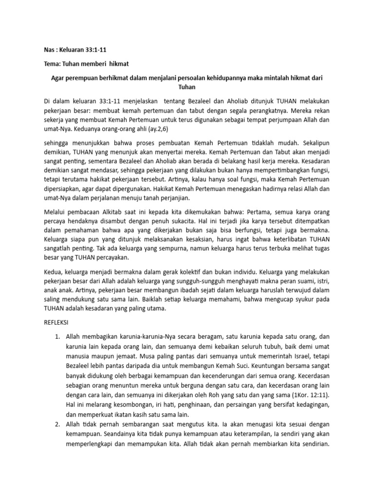 Nas: Keluaran 33:1-11 Tema: Tuhan Memberi Hikmat Agar Perempuan ...