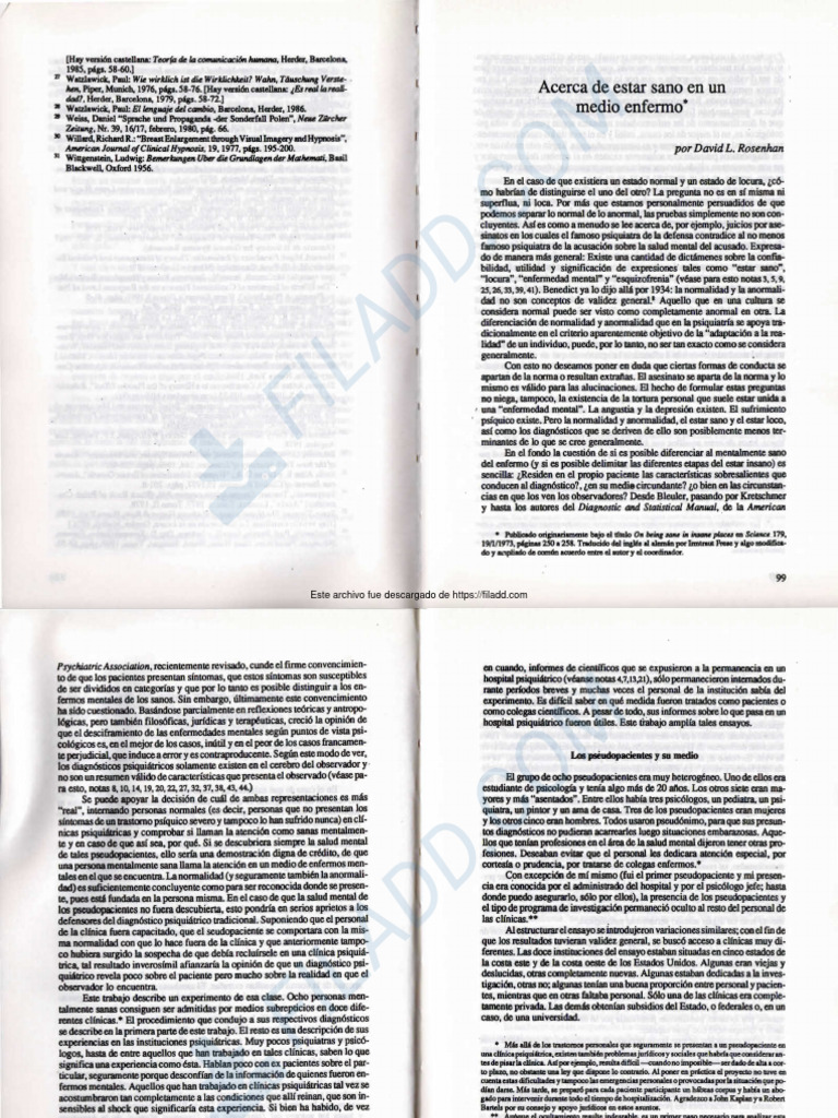 Rosenhan - Acerca de Estar Sano en Un Medio Enfermo | PDF | Trastorno ...