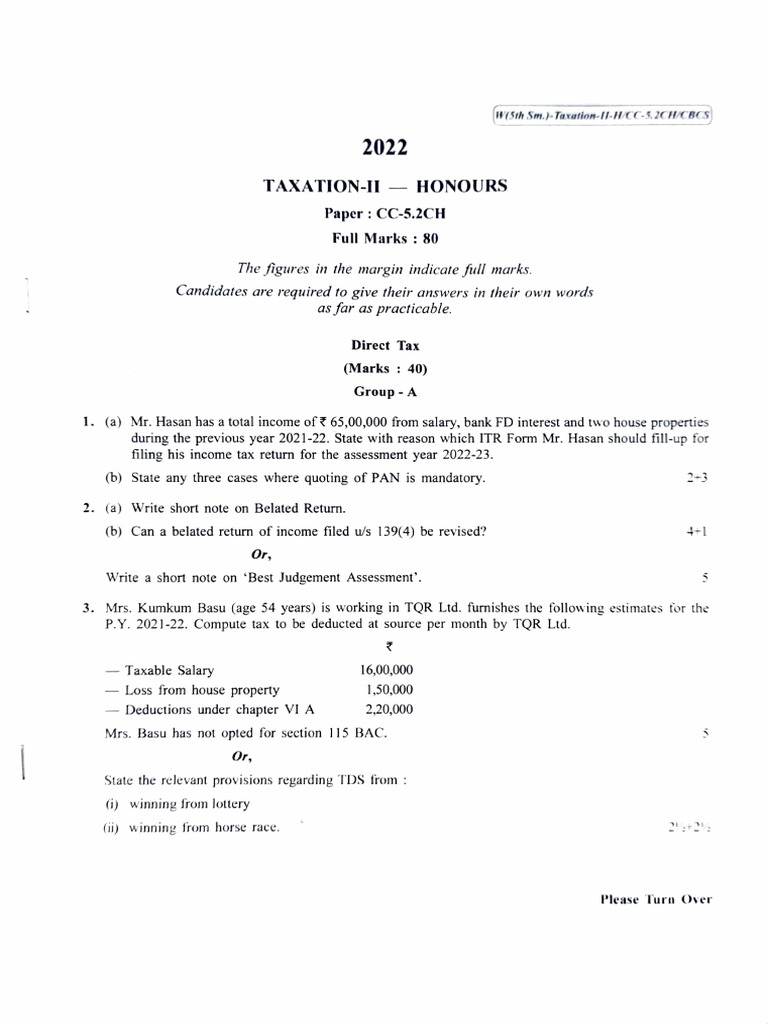 Taxation-II (Honors) 2022-23 | PDF | Taxes | Income Tax