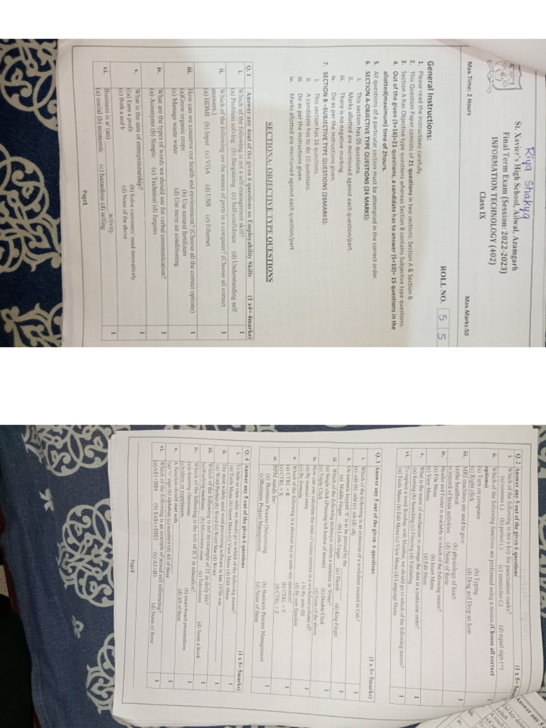 INFORMATION TECHNOLOGY CLASS 9th PAPER | PDF