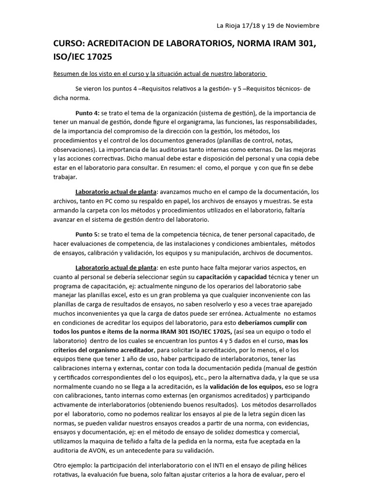 informe curso acreditacion de laboratorios | PDF | Laboratorios