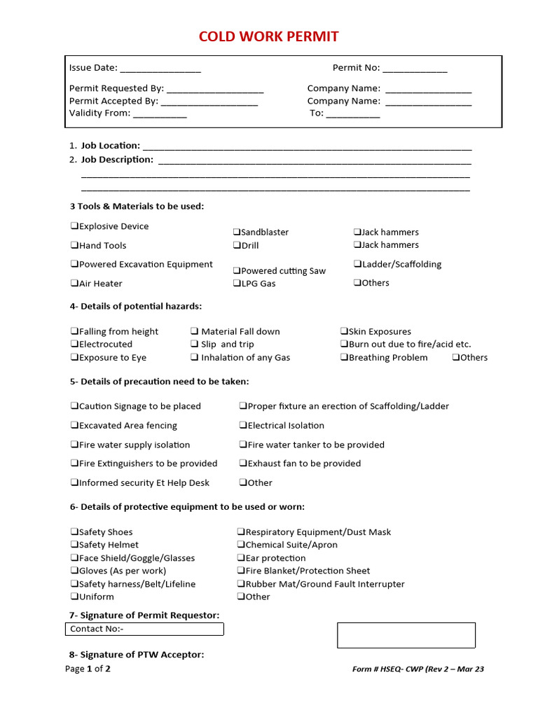 Cold Work Permit Template and Guidelines | PDF | Personal Protective Equipment | Safety