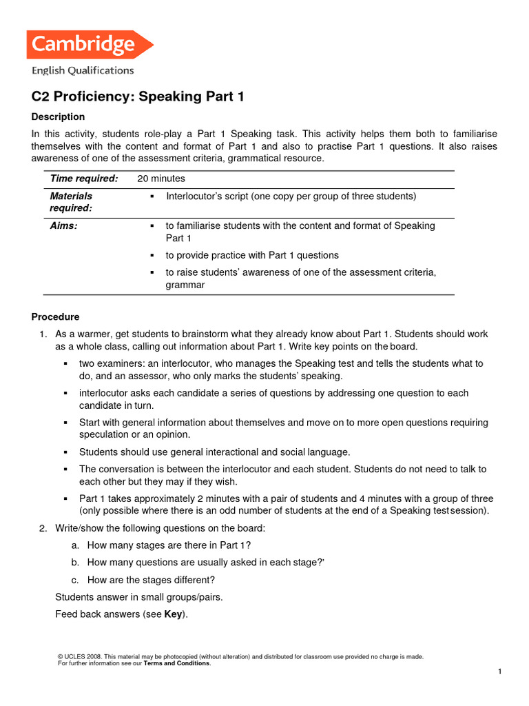 Cambridge English c2 Proficiency Speaking Part 1 | PDF | Question ...