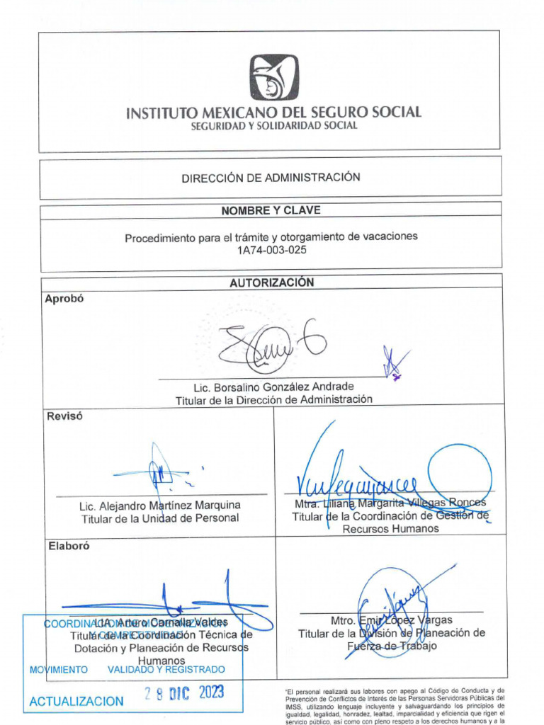 Procedimiento Para El Tramite y Otorgamiento de Vacaciones IMSS 1A74 ...