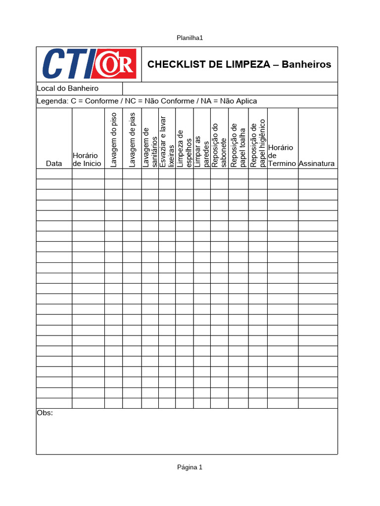 CHECKLIST DE LIMPEZA - Banheiros | PDF