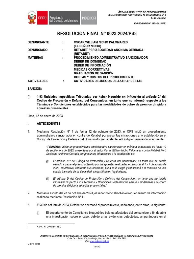 RESOLUCIÓN FINAL #0023-2024/PS3: Órgano Resolutivo de Procedimientos ...