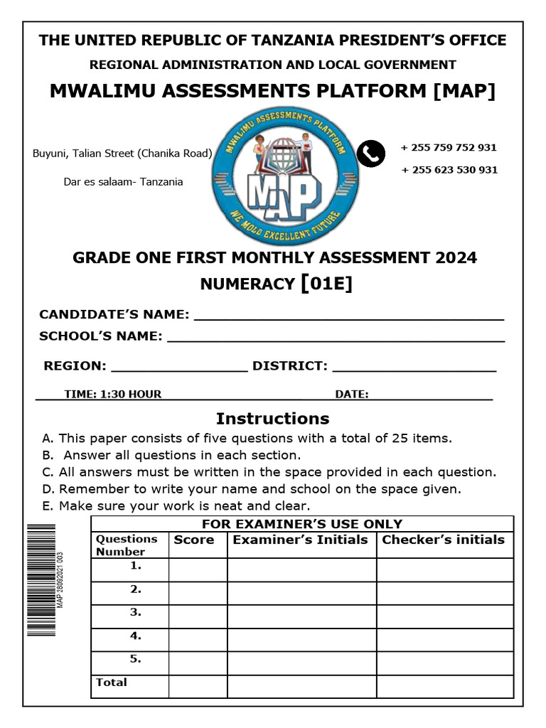 Grade One First Assessment New Syllabus 2024 | PDF | Multiple Choice