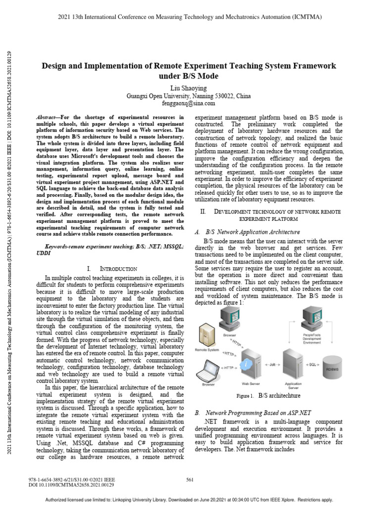 Design and Implementation of Remote Experiment Teaching System Framework Under BS Mode | PDF