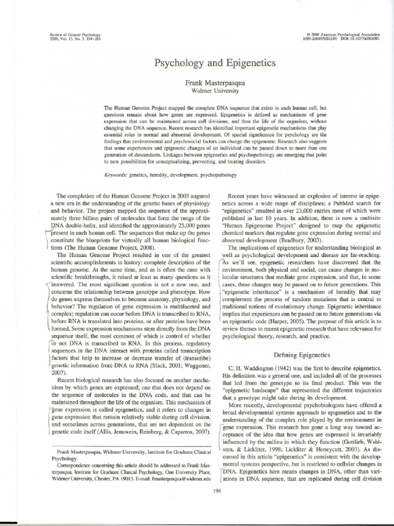 2009 Masterpasqua Psych&Epi Rev Gen Psych | PDF | Epigenetics ...