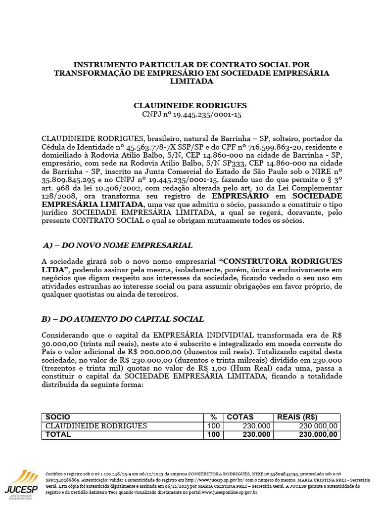 Contrato Social Atualizado | PDF | Companhia limitada | Autenticação