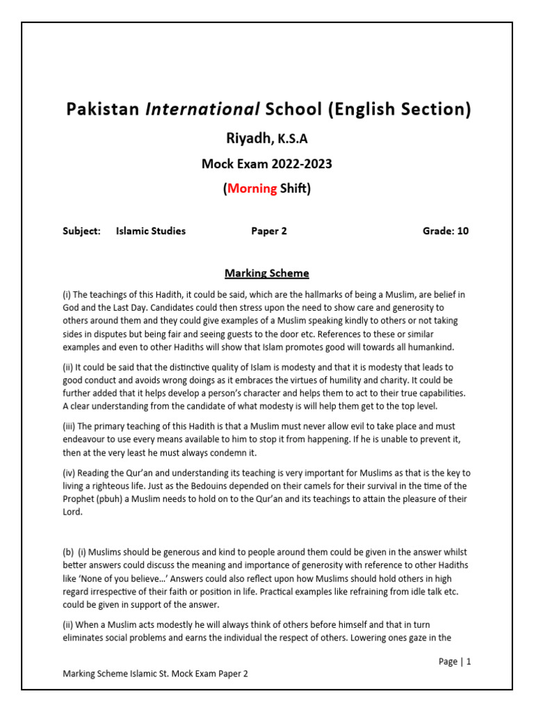 Marking Scheme Mock Exam Paper 2 MS | PDF | Prophets And Messengers In ...