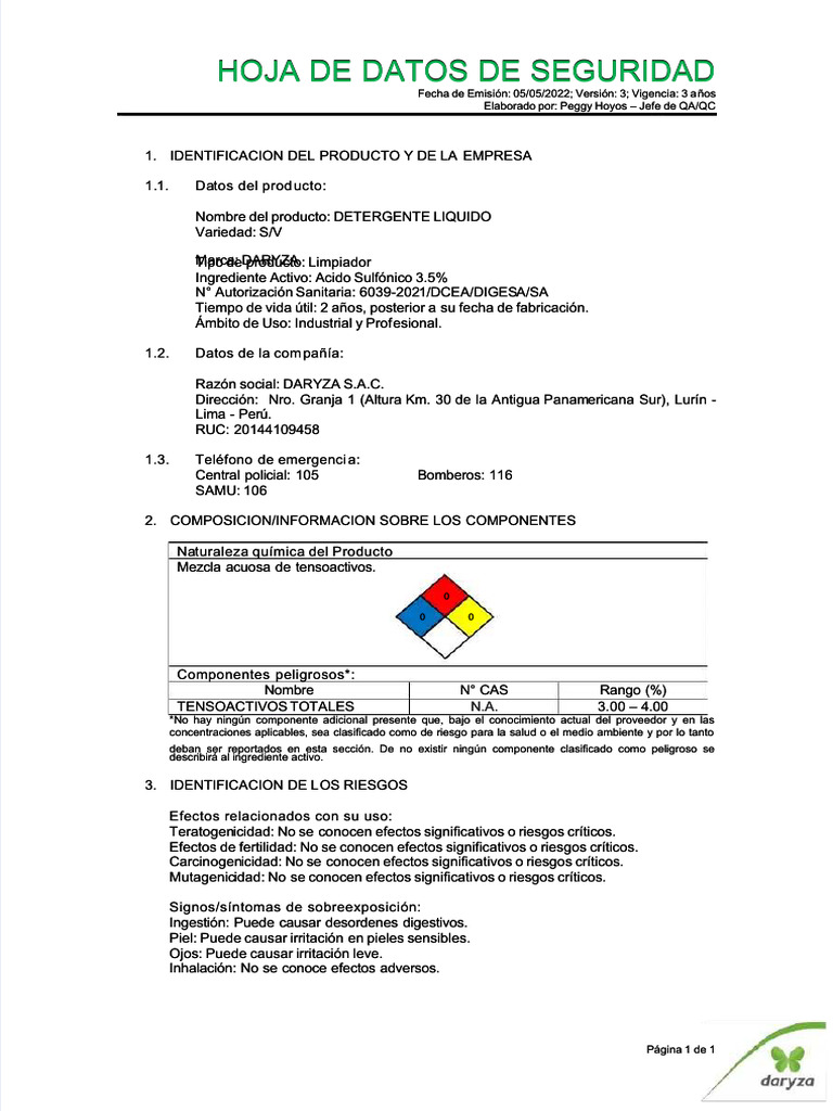 PDF Hoja de Seguridad Detergente Liquido Daryza - Compress | PDF