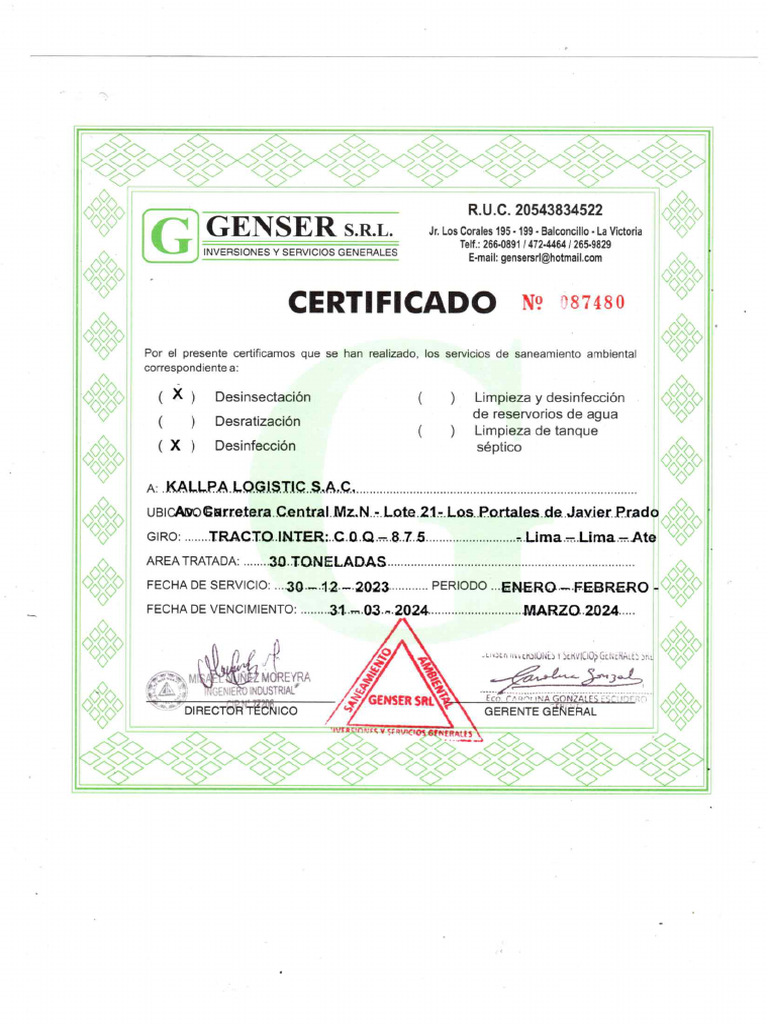 Certificado de Fumigacion C0Q-785 Enero 2024 | PDF