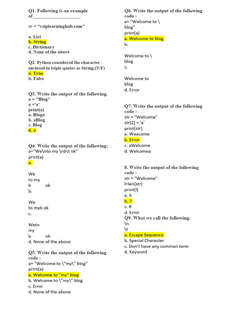 String Mcq Ans Pdf String Computer Science Computer Programming