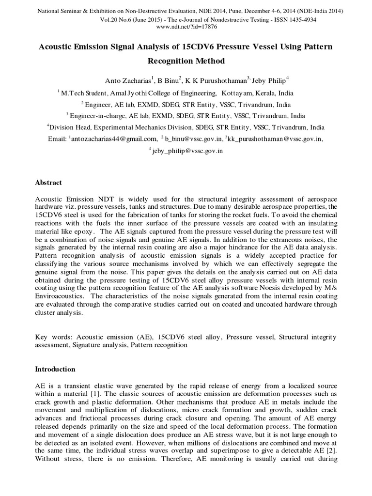 Acoustic Emission Signal Analysis Of 15cdv6 Pressure Vessel Using Pattern Recognition Method