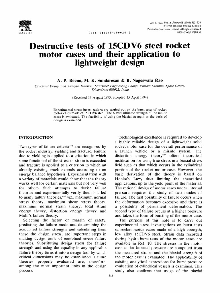 Destructive Tests of 15CDV6 Steel Rocket Motor Cases and Their ...