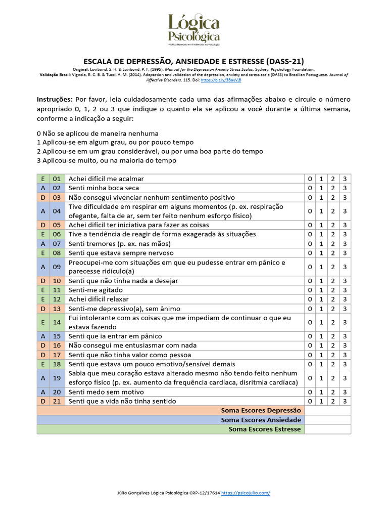 Escala de Ansiedade, Depressão e Estresse (DASS-21) | PDF | Saúde ... Escala de Ansiedade, Depressão e Estresse (DASS-21) | PDF | Saúde ...