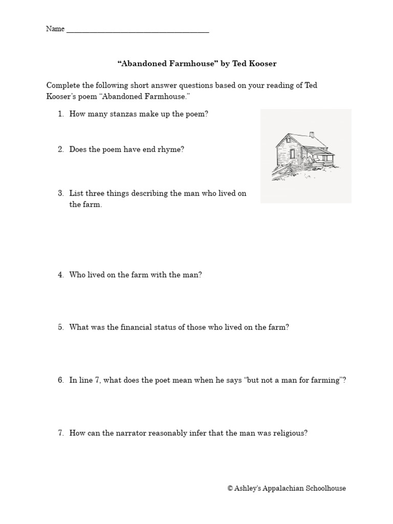 Abandoned Farmhouse Poem Analysis Worksheet | PDF