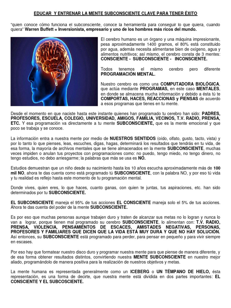 Educar y Entrenar La Mente Subconsciente Clave para Tener Éxito | PDF | Mente | Cerebro