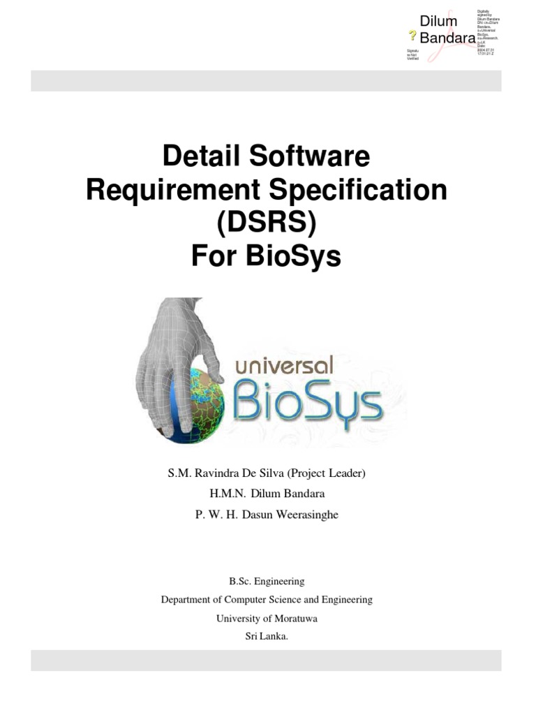 Detail Software Requirement Specification (DSRS) For Biosys: Dilum ...